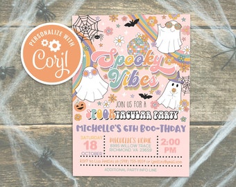 Editable Spooky Halloween Ghost Birthday Thank You Card Retro Groovy ...