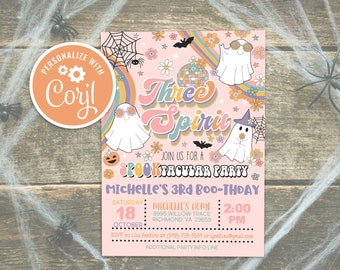 EDITABLE Three Spirit Halloween Ghost 3rd Birthday Invitation, Retro ...