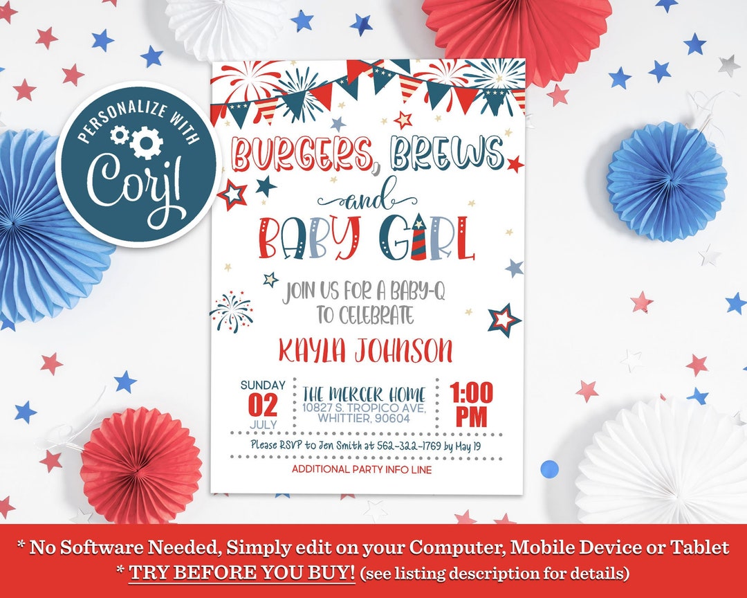 Editable Little Firecracker Baby Shower Invitation, 4th of July Baby Q ...