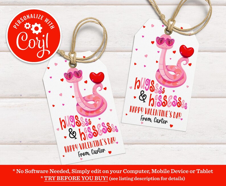 Valentines Snake Favor Tag: Hugs & Hisses, Reptile Classroom Gift ...