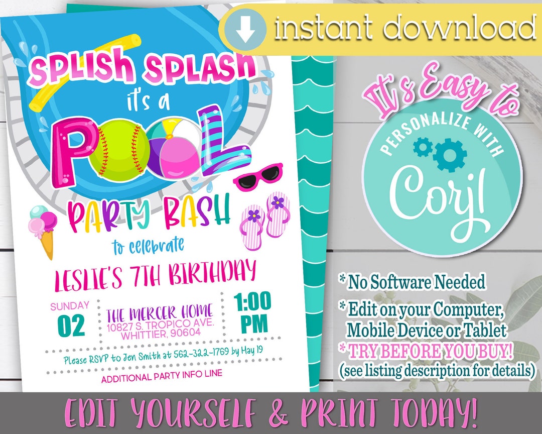 Softball Pool Party Invitation, Softball Pool Party, Pool Party Invite ...