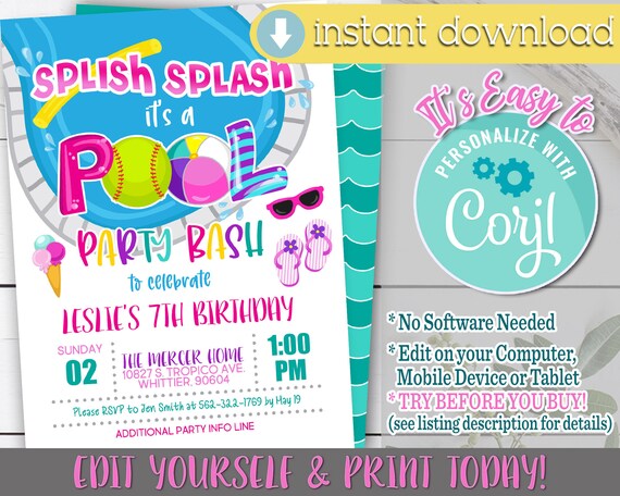 Softball Pool Party Invitation, Softball Pool Party, Pool Party Invite ...