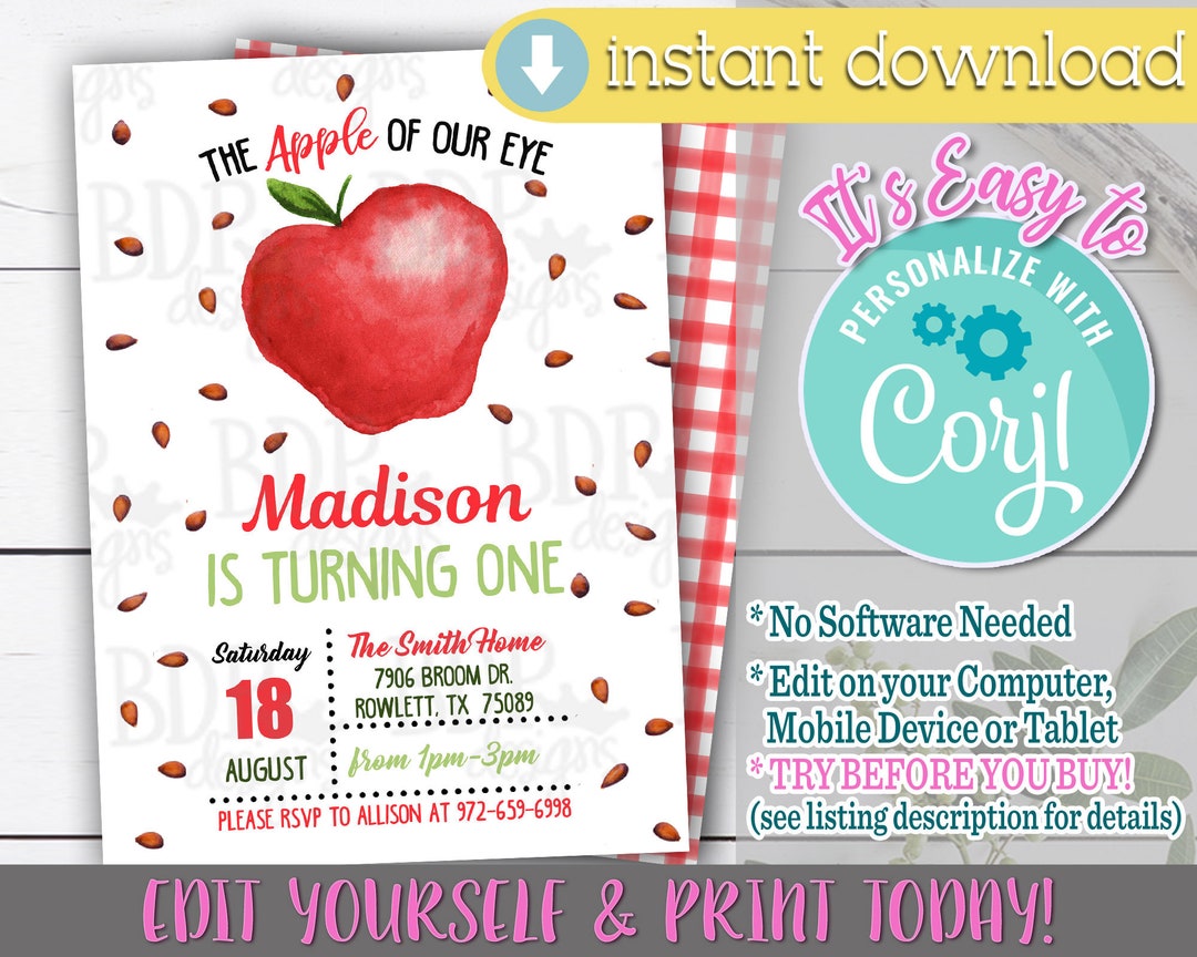 Apple Birthday Invitation Apple First Birthday Invitation - Etsy