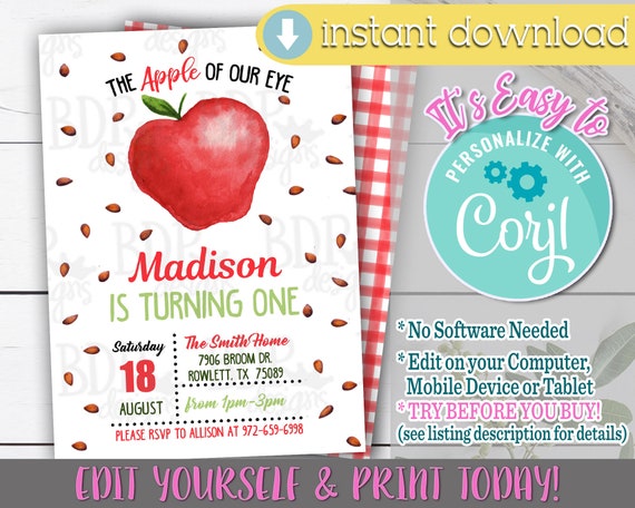 Apple Birthday Invitation, Apple First Birthday Invitation, Apple ...