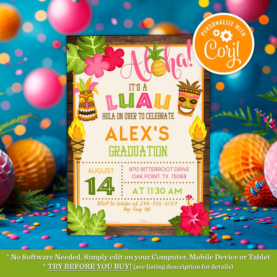 Luau Graduation Invitation Tropical College Grad Party Hawaiian Theme ...