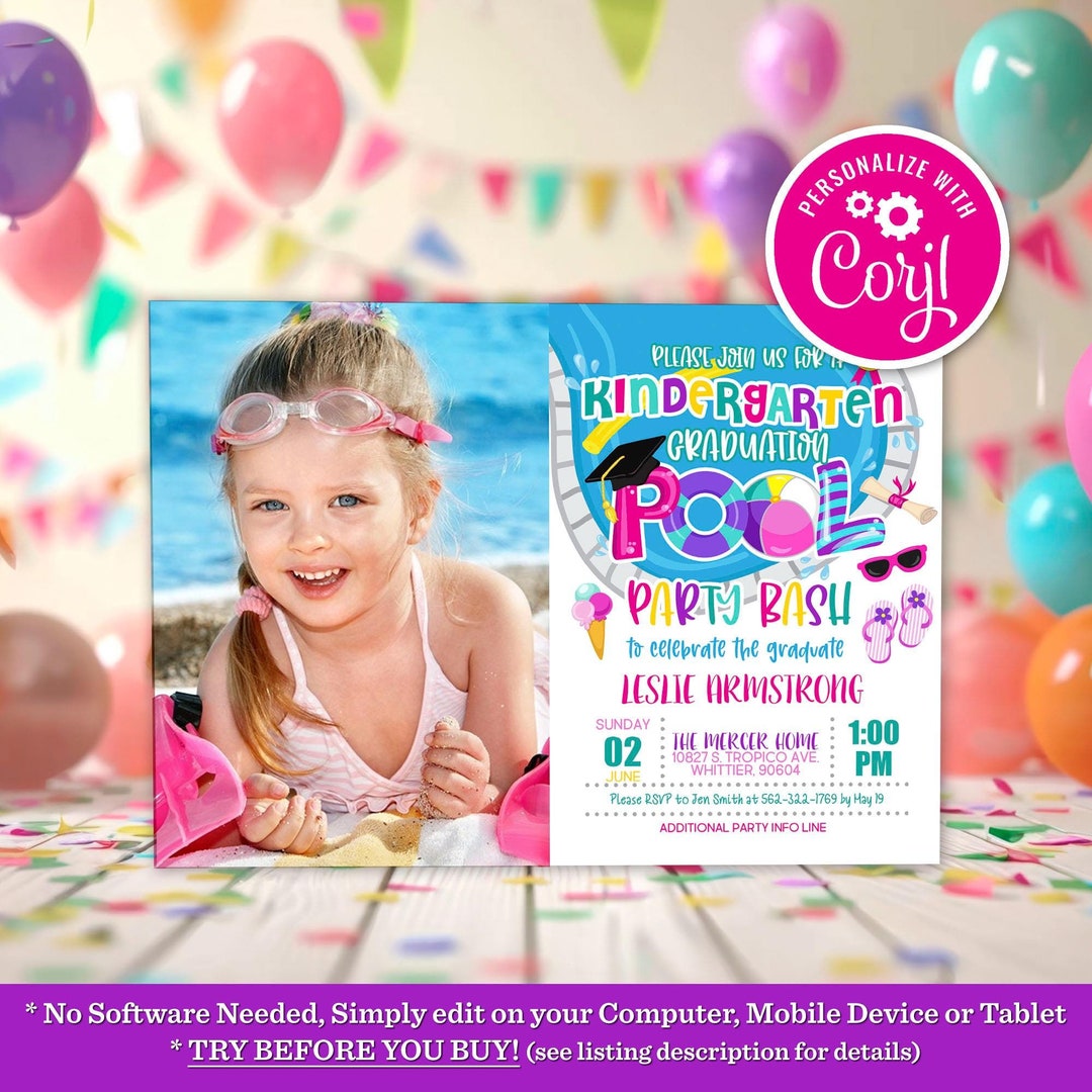 Kindergarten Graduation Pool Party Bash Invitation Grad Summer Swimming ...