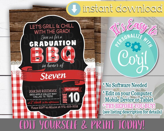 BBQ Graduation Party Invitation, BBQ Graduation Invitation, Graduation ...