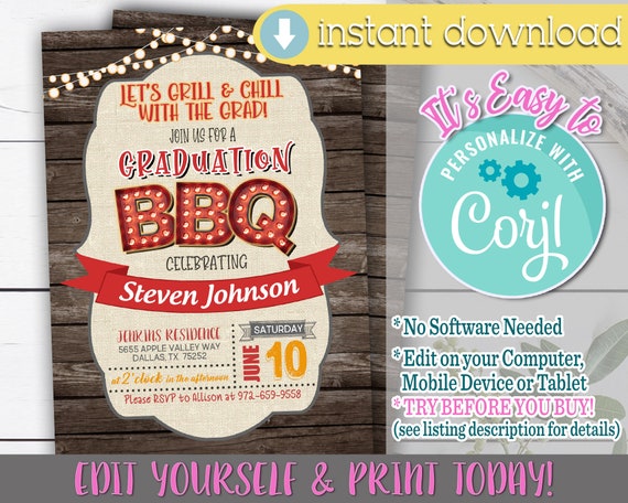 BBQ Graduation Party Invitation, BBQ Graduation Invitation, Graduation ...