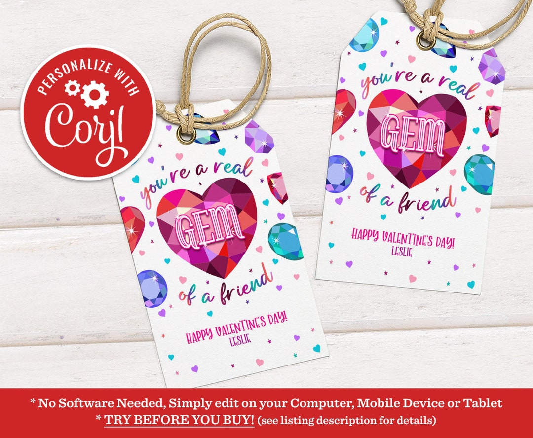 Editable Valentine Gem Gift Tag: School Classroom Favor (digital ...