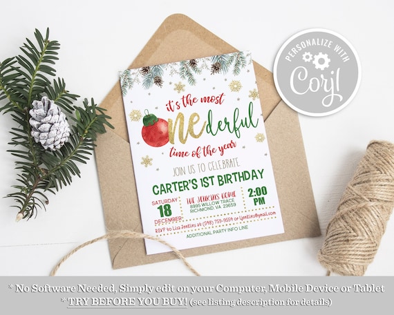 Christmas First Birthday Invitation, It's the Most ONEderful Time of ...