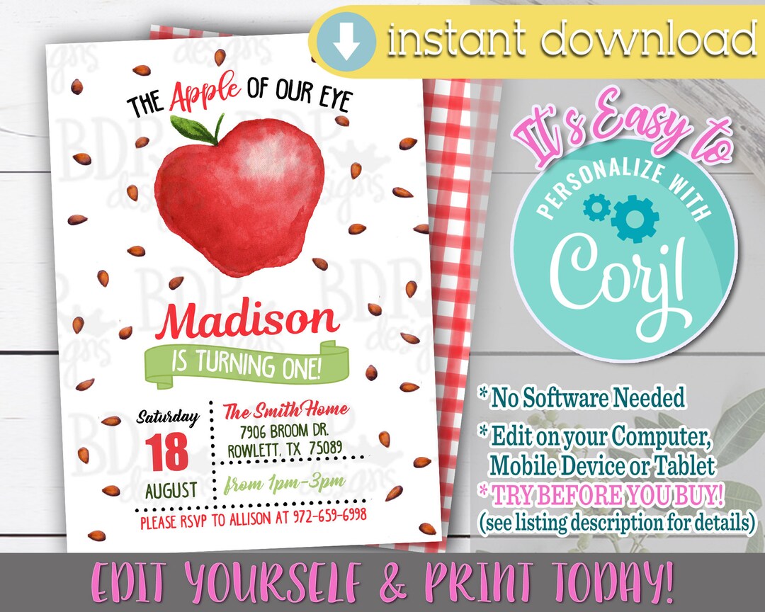 Apple Birthday Invitation Apple First Birthday Invitation - Etsy