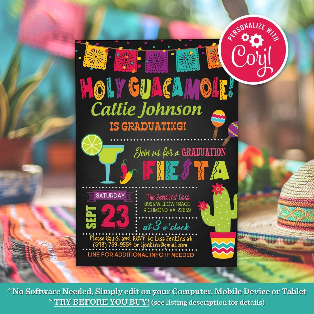 Fiesta Graduation Party Invitation: Holy Guacamole, Cactus, Taco ...