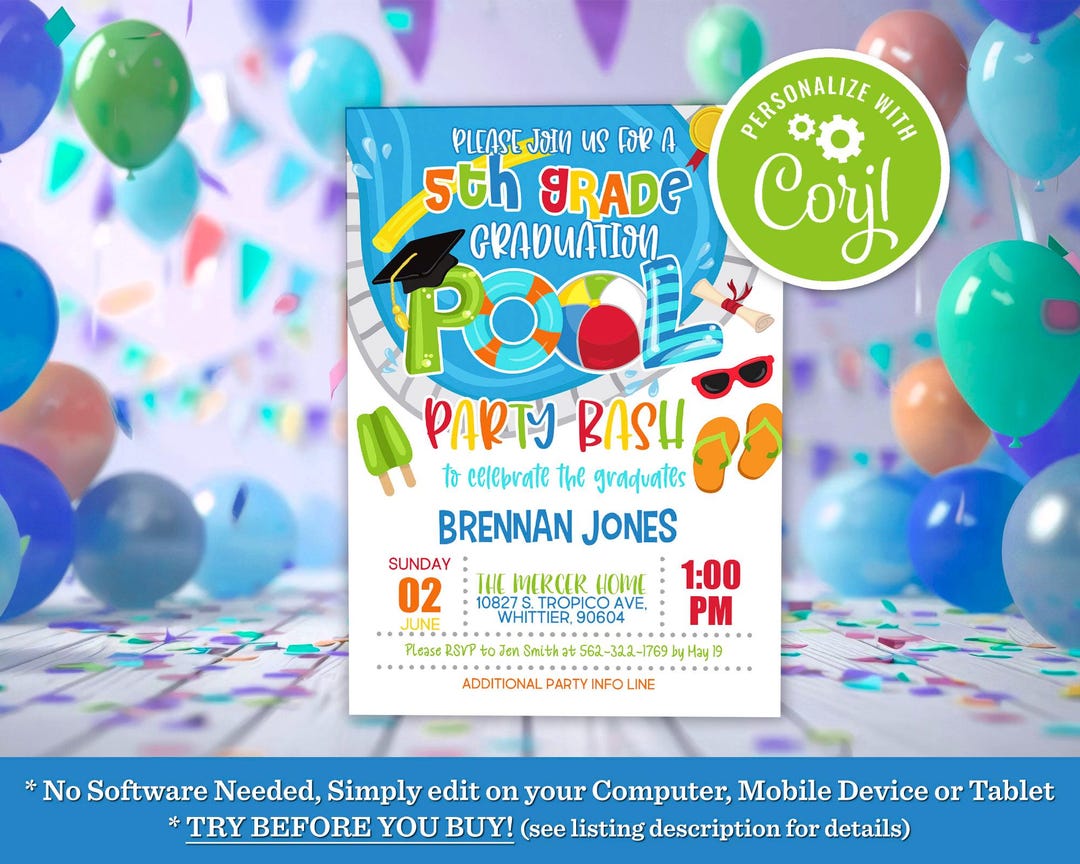 5th Grade Graduation Pool Party Invitation: Editable Template - Etsy