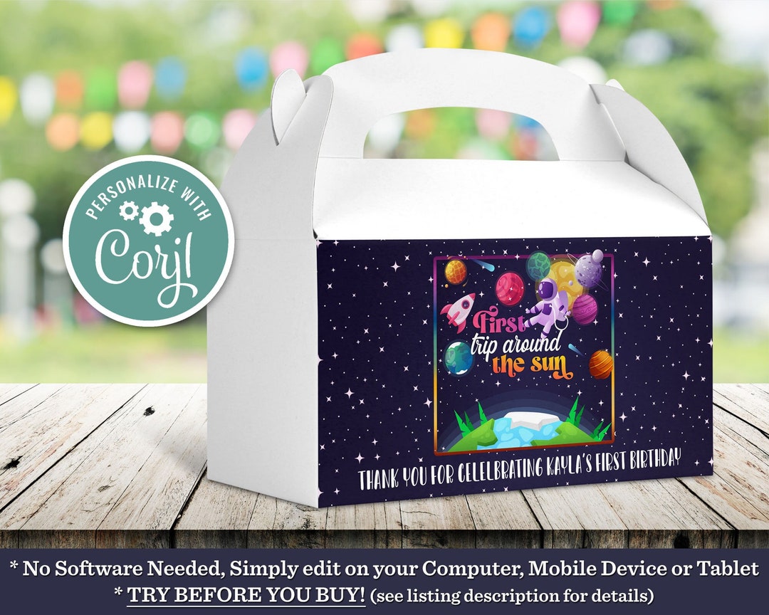 Editable Space Birthday Box Label Outer Space Astronaut Girl Birthday ...