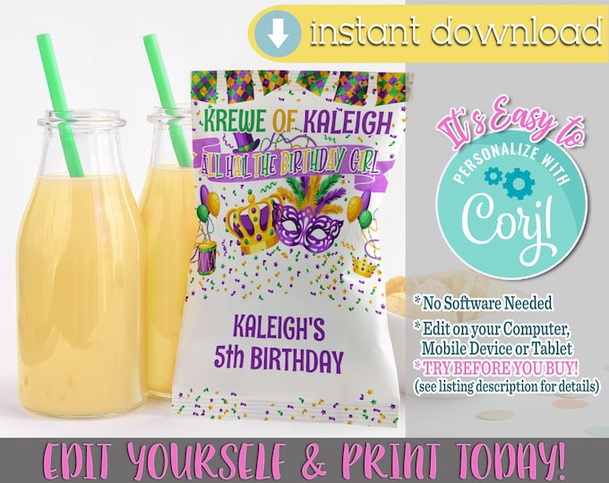 Printable Masquerade Chip Bag Wrapper Label, Mardi Gras Favor Bag ...