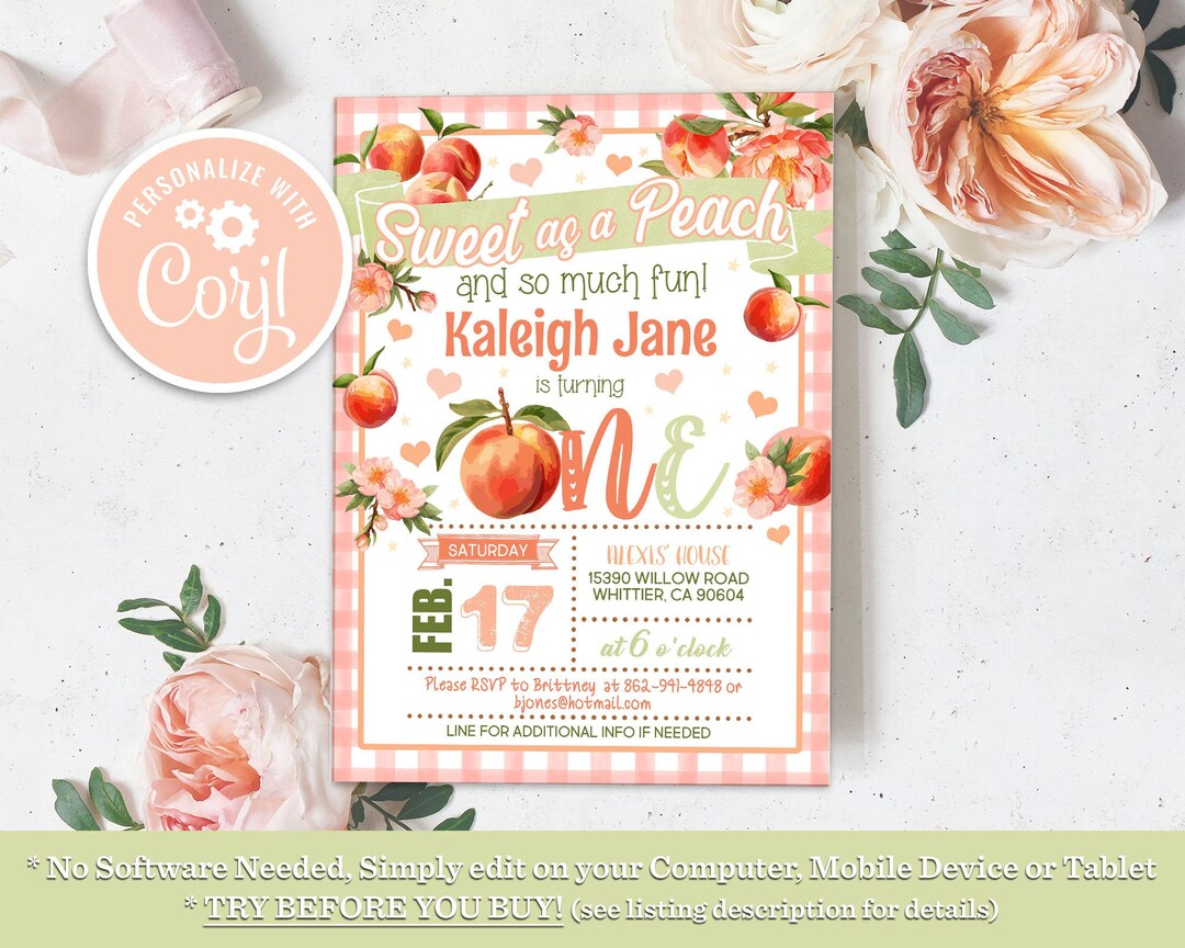 Editable Sweet as a Peach Birthday Invitation, First 1st Birthday ...