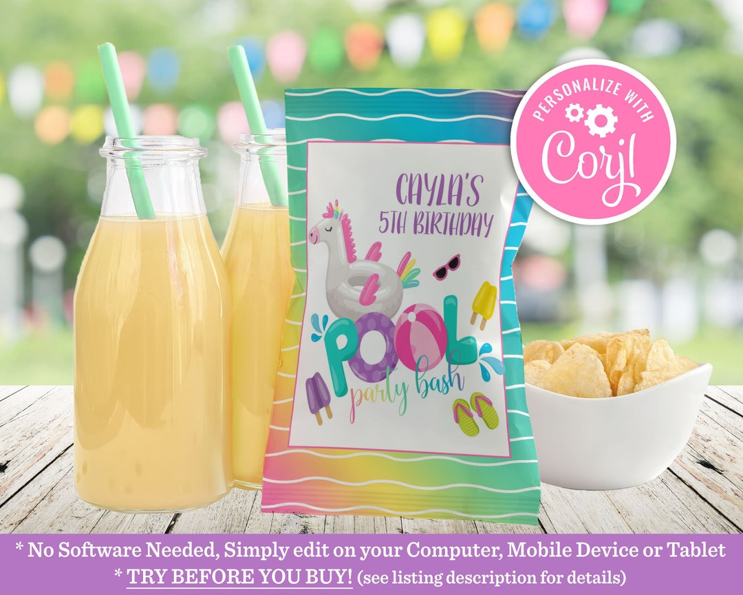 Unicorn Pool Party Chip Bag: Editable Birthday Favor (digital Download ...