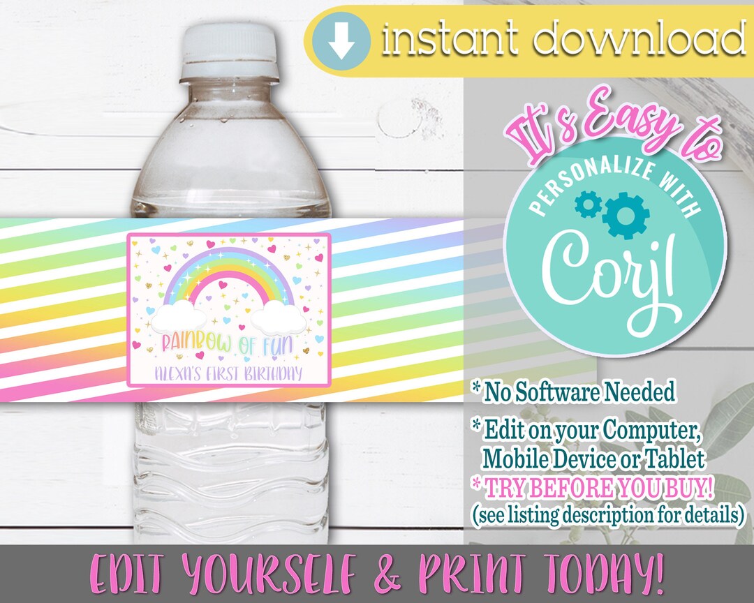 Rainbow Birthday Water Bottle Labels: Pastel Party Decor (editable in ...