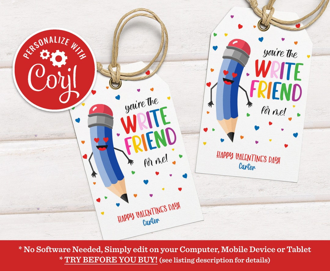 Editable Valentines Pencil Gift Tags: School Classroom Favors (digital ...
