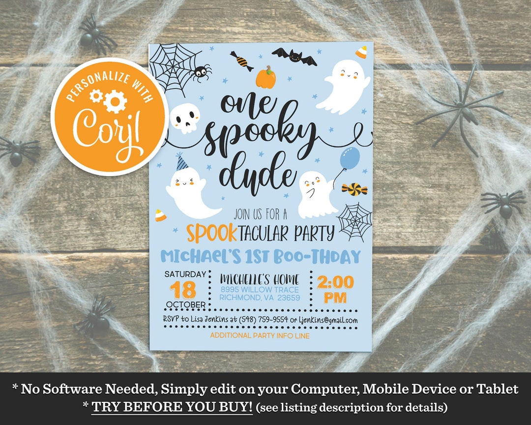 Editable One Spooky Dude Halloween Blue Spooky One Ghost First 1st ...