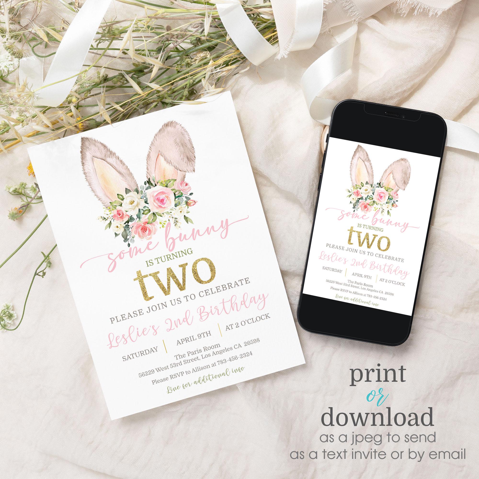 Some Bunny Turning Two Invitation: Pink Floral Easter Rabbit, Editable ...