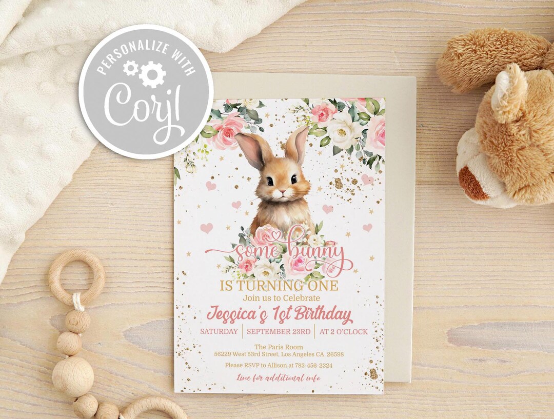 Bunny Birthday Invitation: Pink Floral Rabbit, Blush Gold (editable ...