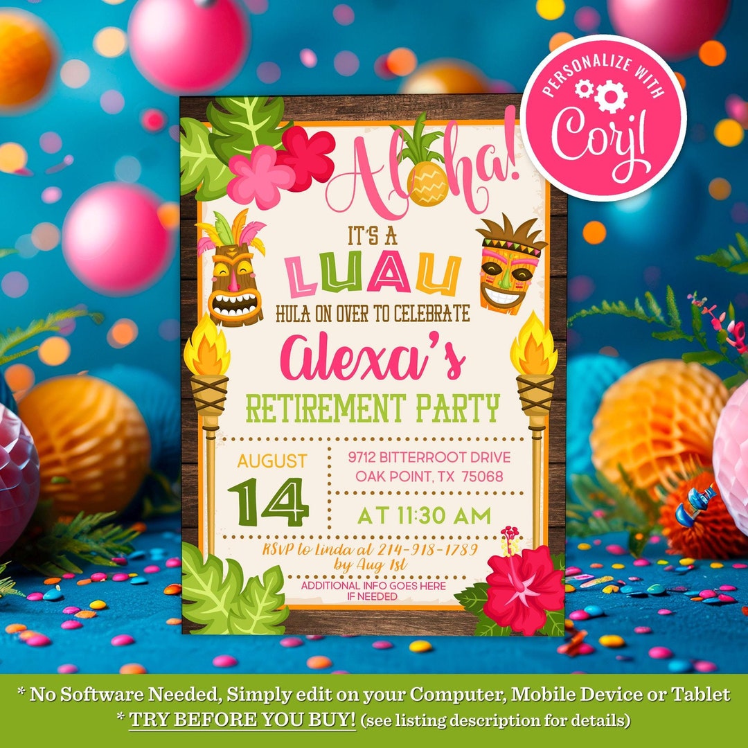 Aloha Luau Retirement Party Invitation: Tropical Pineapple Theme ...