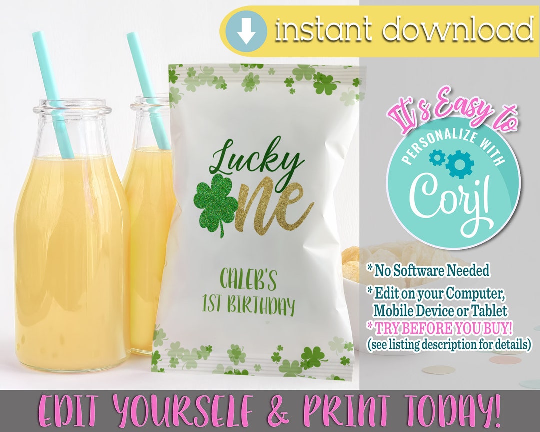 Lucky One Chip Bag Template: St Patricks Day, 1st Birthday (editable in ...