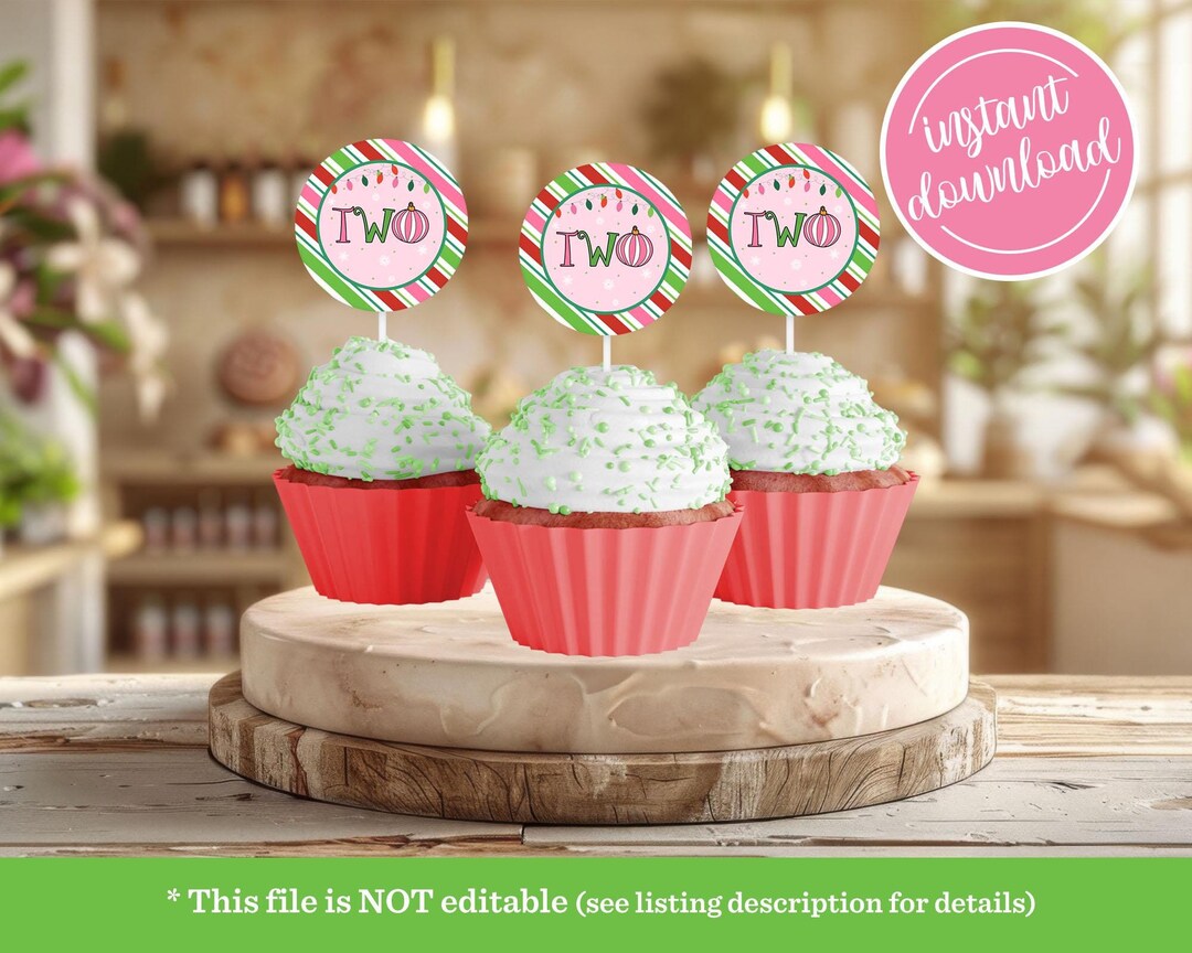 Christmas 2nd Birthday Cupcake Toppers, Printable Christmas Girl Pink ...