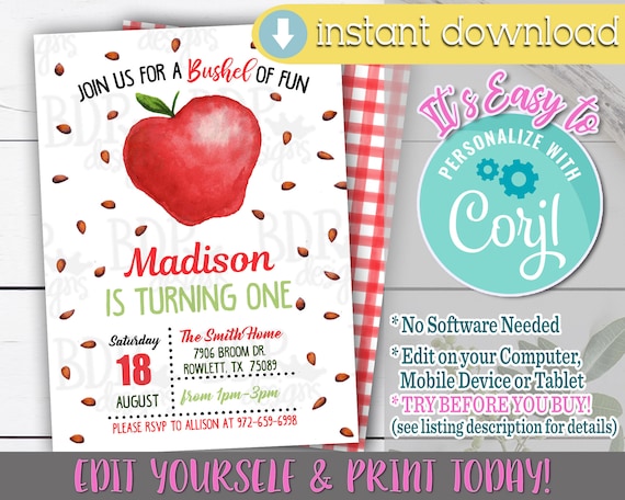 Apple First Birthday Invitation, Apple Birthday Invitation, Apple ...