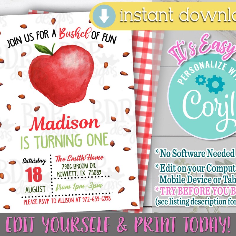 Apple Birthday Invitations - Etsy