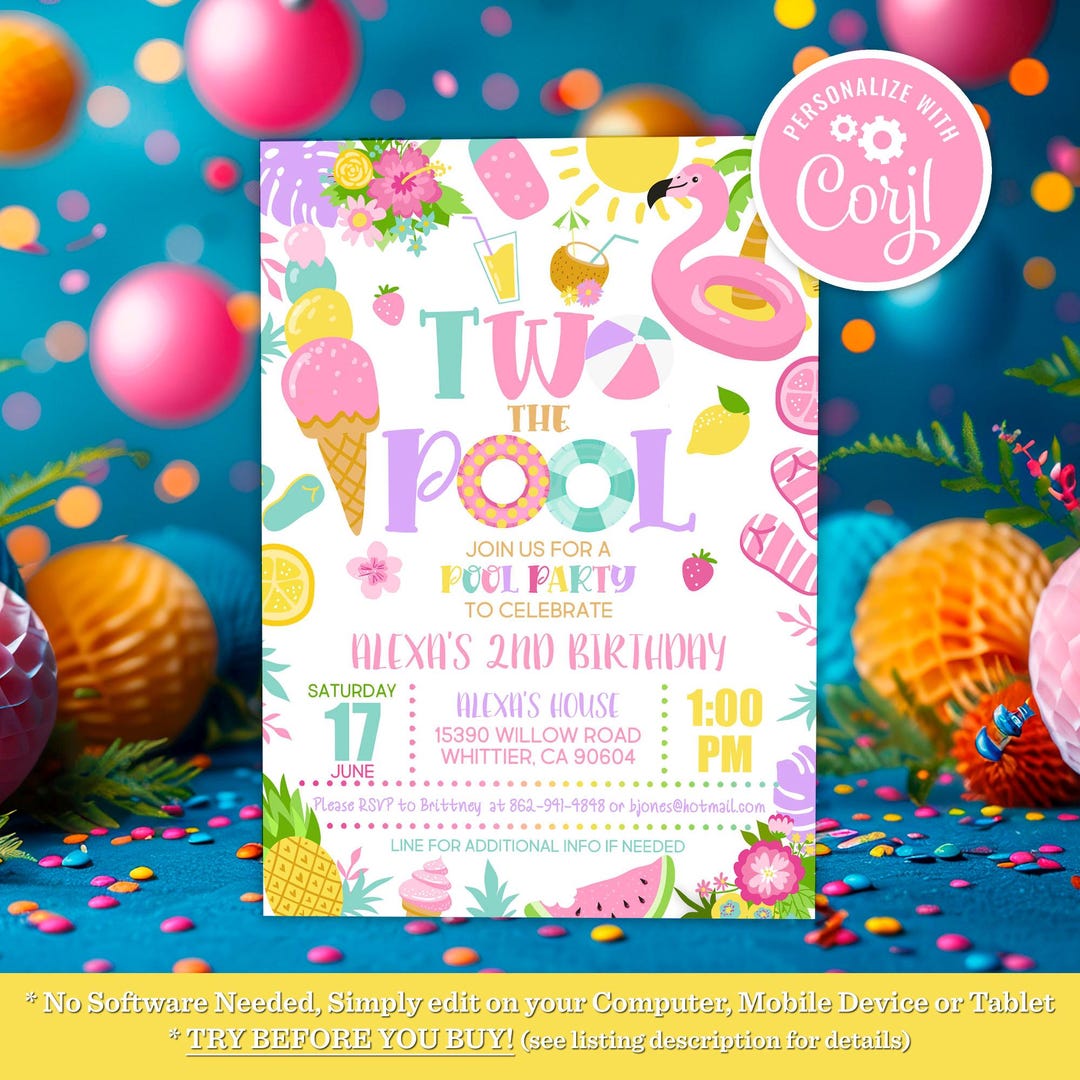 Editable Two the Pool 2nd Birthday Party Invitation, Splish Splash Girly Pool Party Printable ...