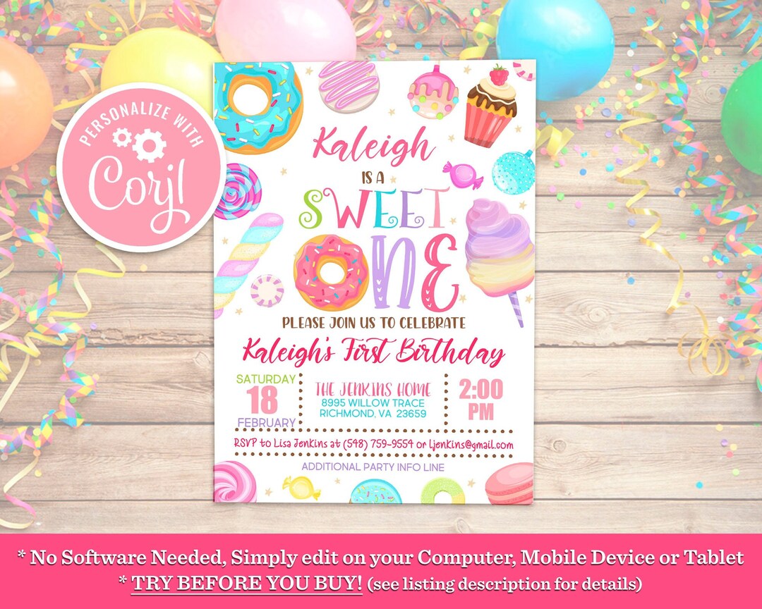 Sweet One Birthday Invitation: Pastel Candy Theme (editable Digital ...