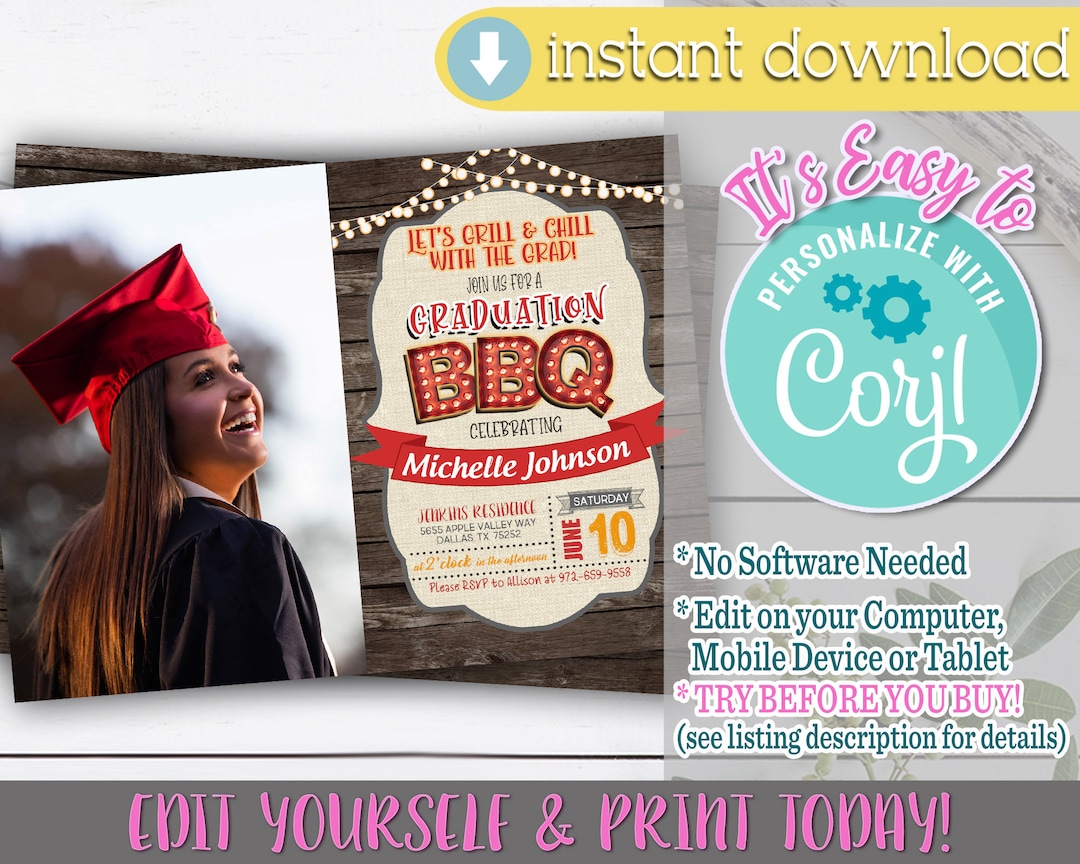 BBQ Graduation Party Invitation, Graduation BBQ Invitation, BBQ ...