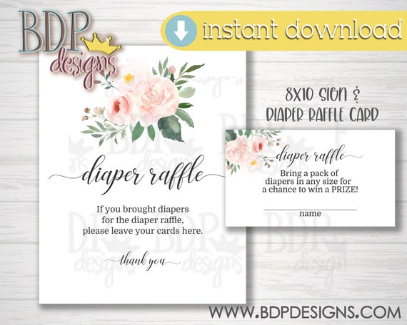 Pink Floral Diaper Raffle Sign and Card, Diaper Raffle Sign Printable ...