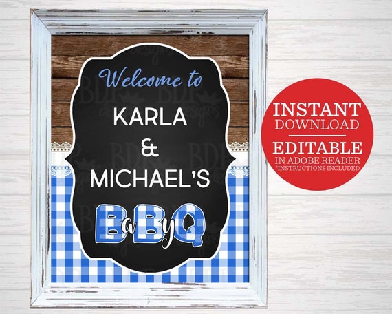 Blue Baby Q Barbecue Baby Shower Welcome Sign Editable INSTANT DOWNLOAD ...