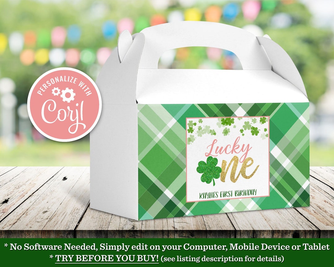 Lucky One Birthday Gable Box Label: Shamrock Party Decor (editable in ...
