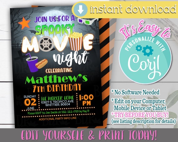 Spooky Movie Night Invitation, Halloween Movie Night Invitation, Movie ...
