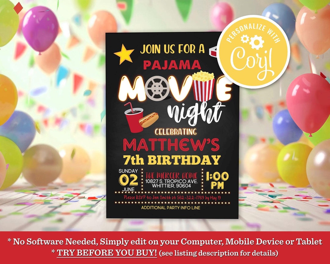 Pajama Movie Night Birthday Party Invitation Sleepover Slumber Cinema ...