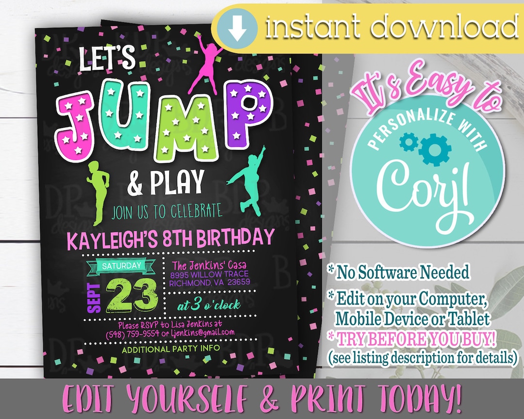 Trampoline Party Invitation, Trampoline Invitation Instant Download ...