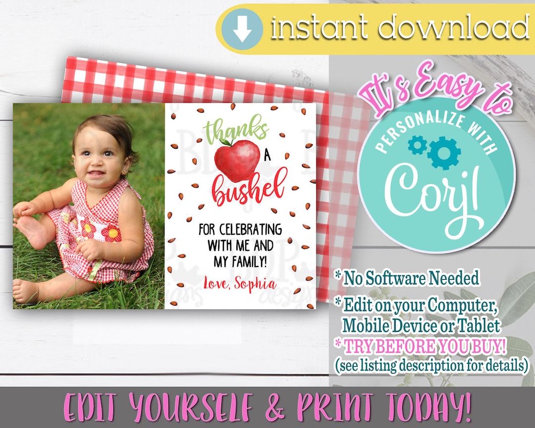 Apple Thank You Card: Editable Birthday Party Theme (digital Download ...