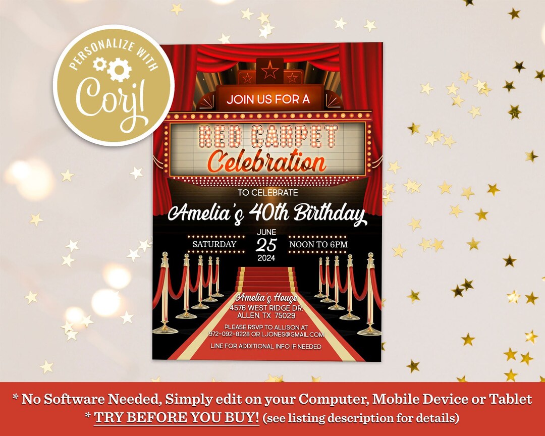 Editable Hollywood Birthday Party Invitation Hollywood Red Carpet ...