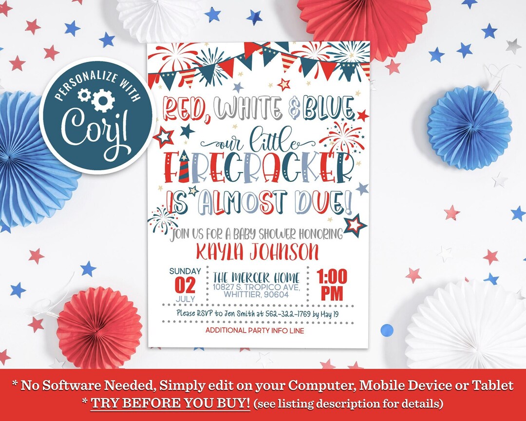 Firecracker Baby Shower Invitation: Red, White, Blue, Editable (5x7 ...