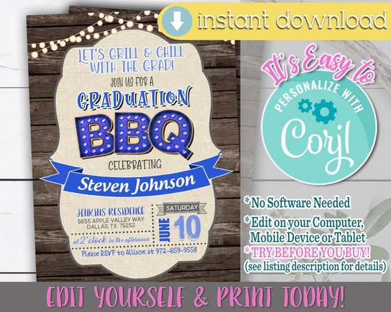 BBQ Graduation Party Invitation, Graduation BBQ Invitation, BBQ ...