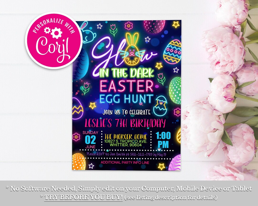 Glow in the Dark Easter Egg Hunt Invitation, Glow in the Dark Easter ...