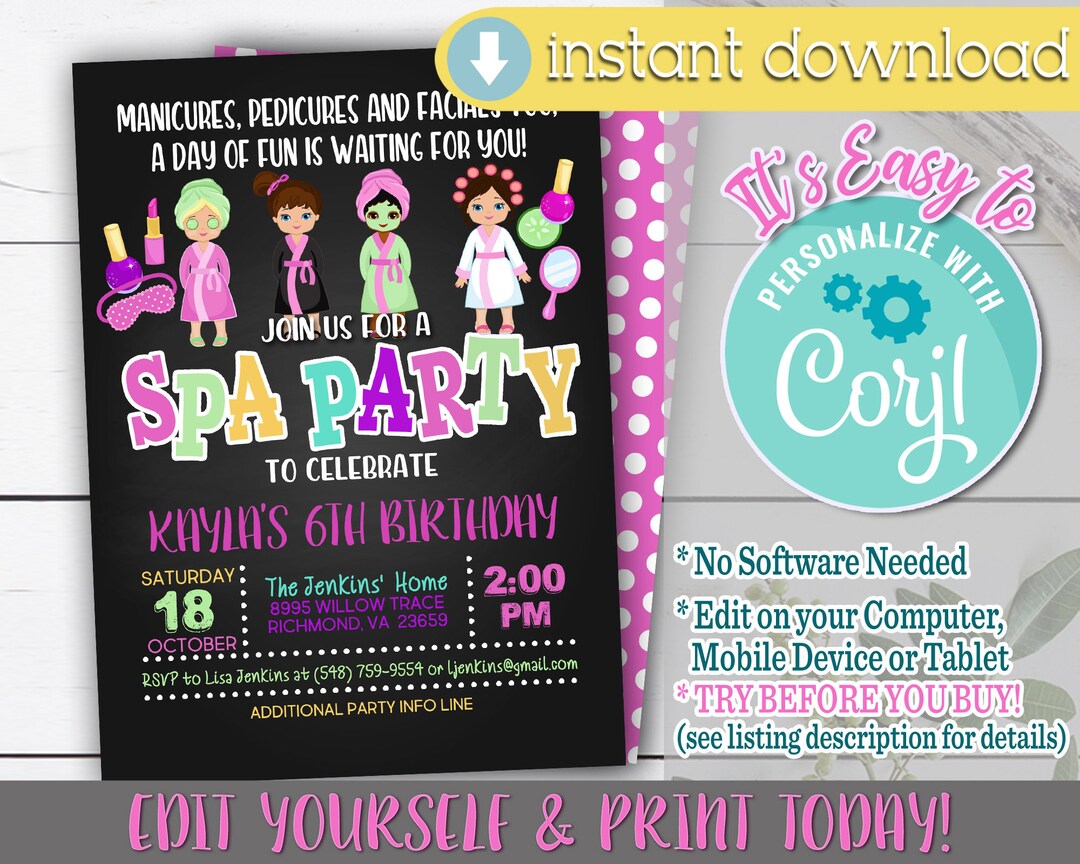 Spa Birthday Party Invitation, Spa Birthday Invitation Template, Spa ...
