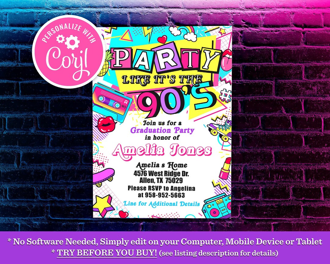Editable Neon 90's Graduation Party Invitation, Party Like It's the 90s ...