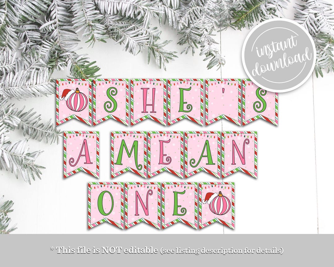 She's a Mean One Banner Pink Girl Christmas First 1st Birthday Banner ...