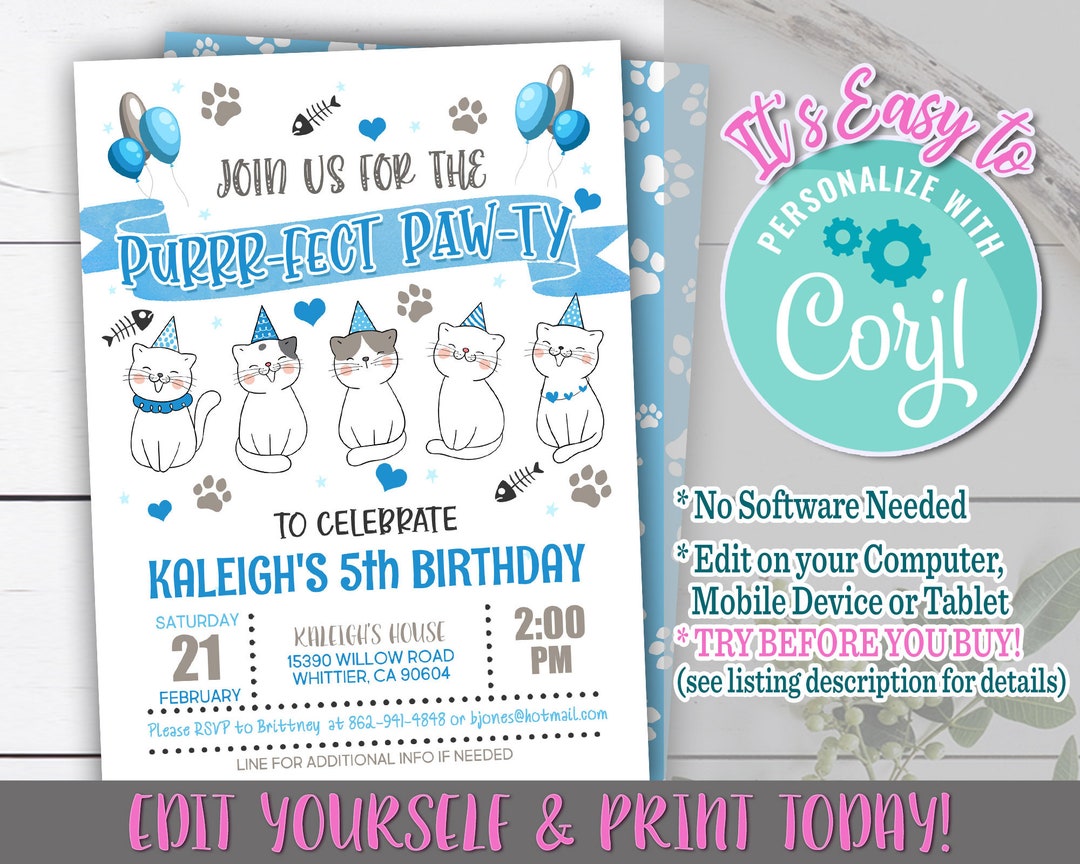 Cat Birthday Invitation, Cat Birthday Invite, Cat Birthday Party ...