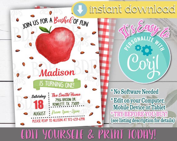 Apple Birthday Invitation, Apple Birthday Invitation Instant Download ...